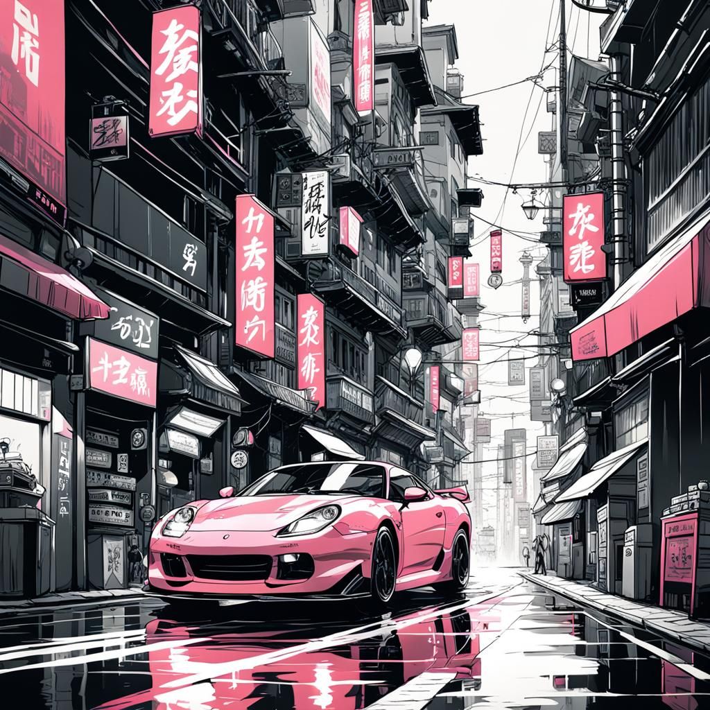 Pink Sports car street racing through black and White City, Studio ...
