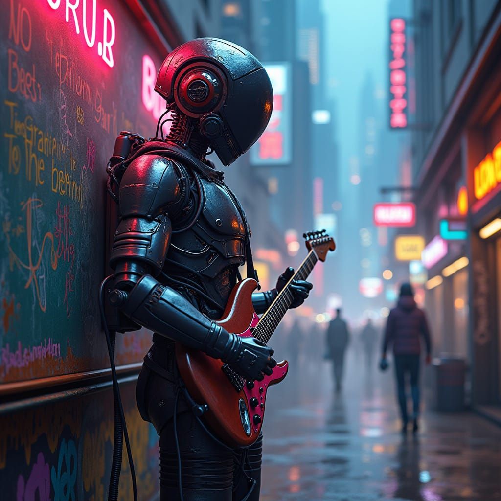 Cyberpunk Robot Rockstar Performs in a Vibrant, Re... - AI Art