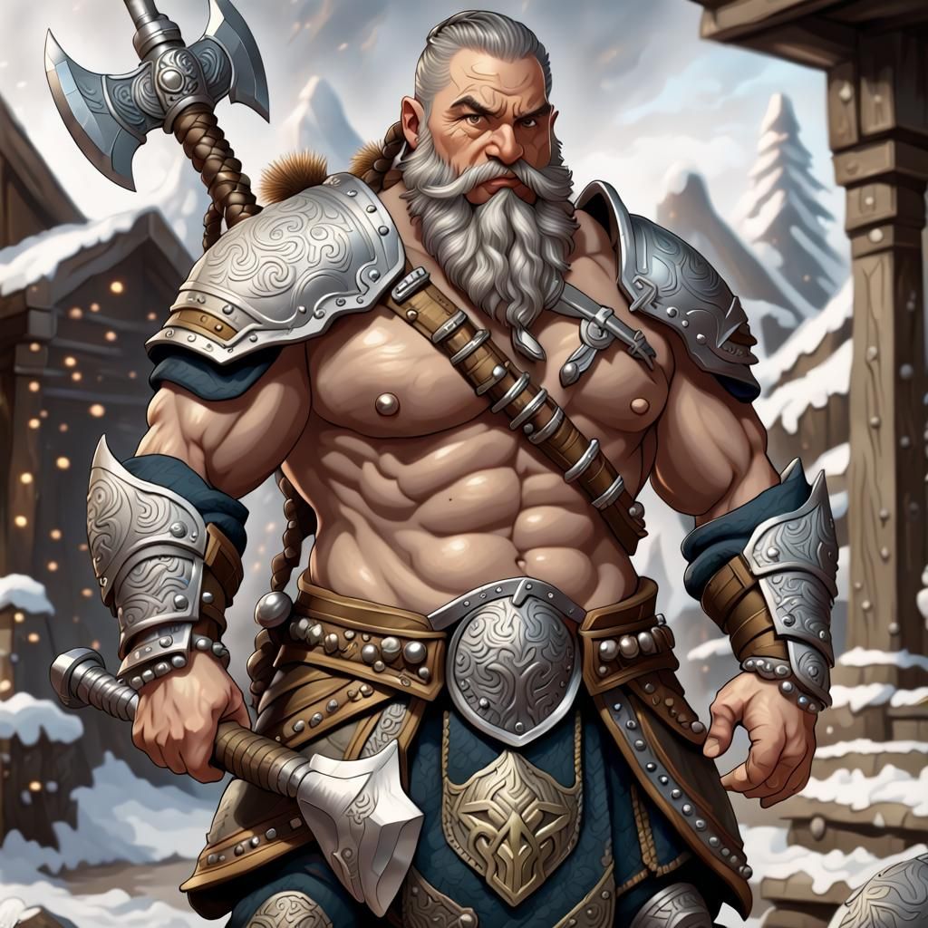 Buff, muscular, Dwarf warrior, braided beard with silver beads, armored ...