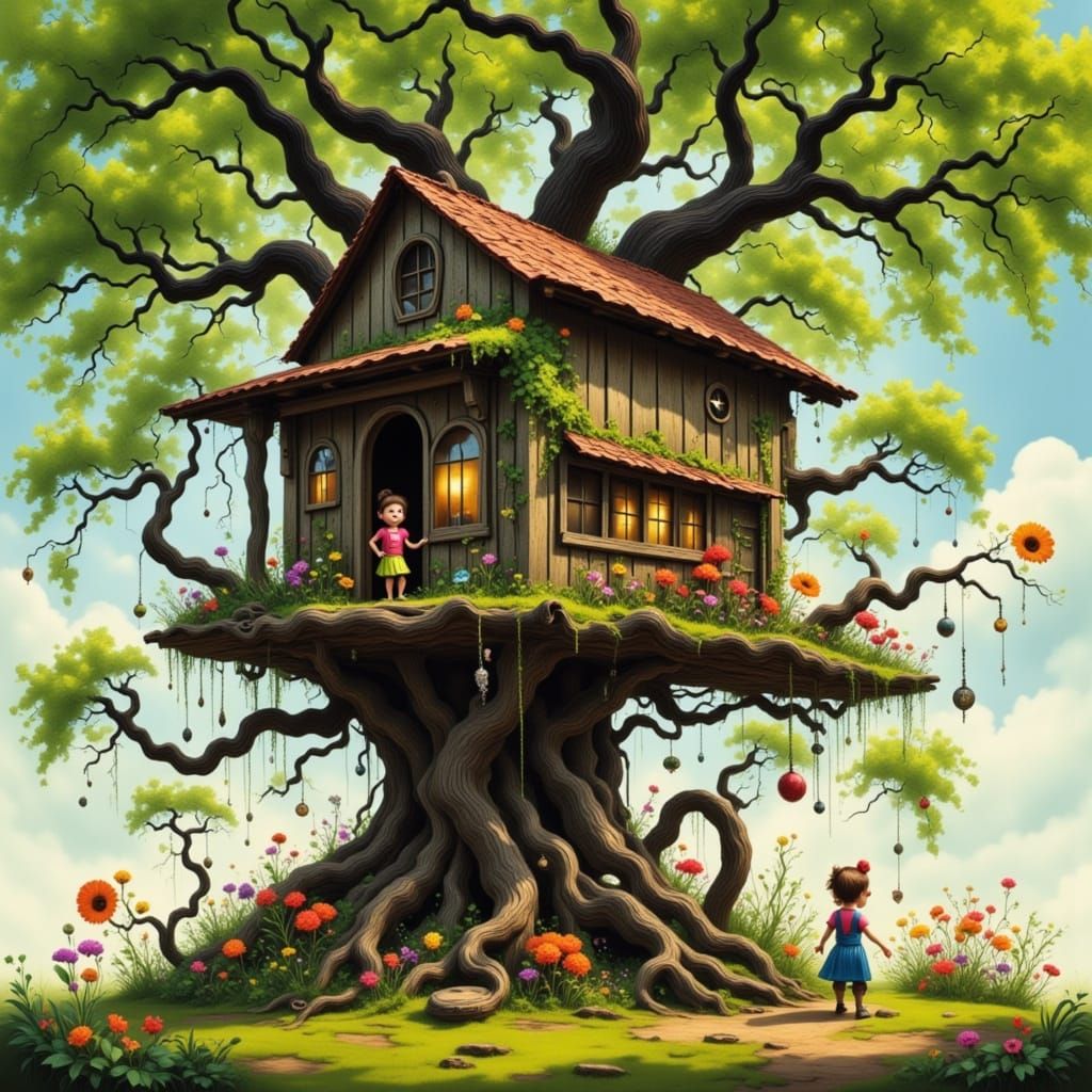 build a natural real life looking hut on a big branch on tree, normal ...