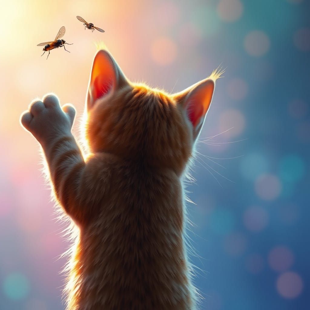 Kitten Triumphs Over Fly in Vibrant Fantasy Realm - AI Art