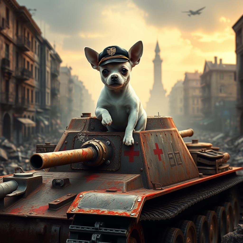 Regal Chihuahua Commands Panzer Tank in Ruined Cit... - AI Art