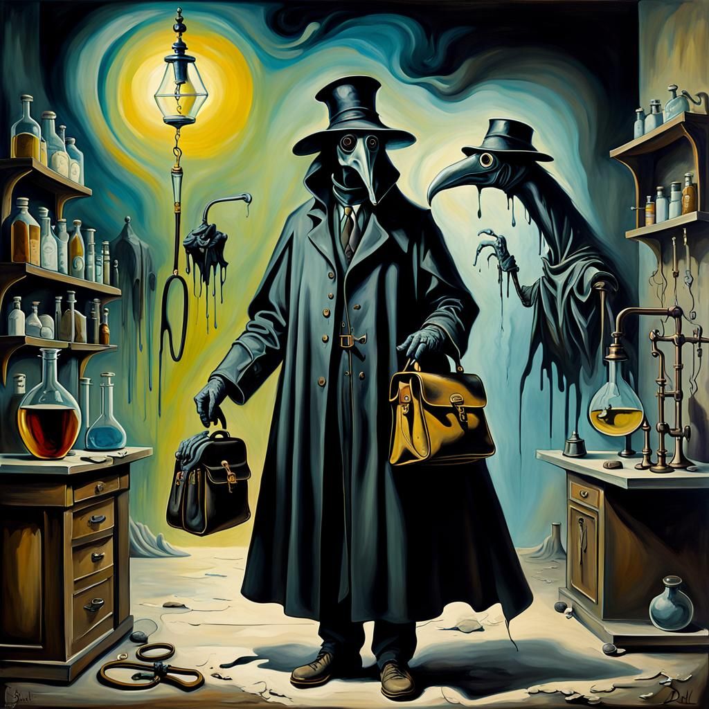 A plague doctor holding a doctor's bag in his lab coat - AI Generated ...