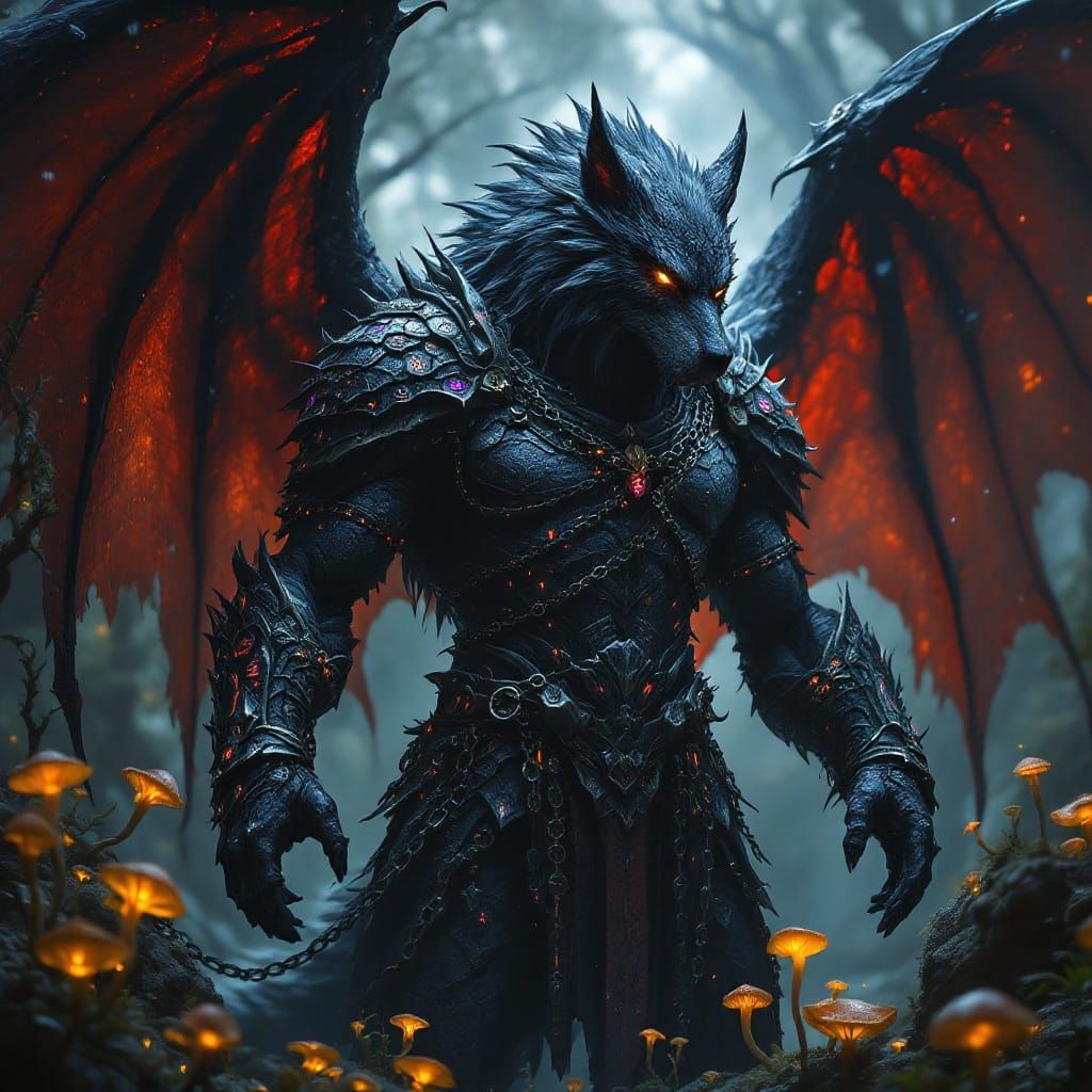 Dark Fantasy Wolfman with Dragon Wings and Armor - AI Art