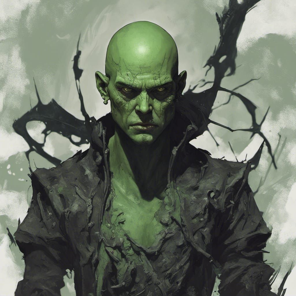 shaved head, crazy face scars, green, killer look, terror, - AI ...