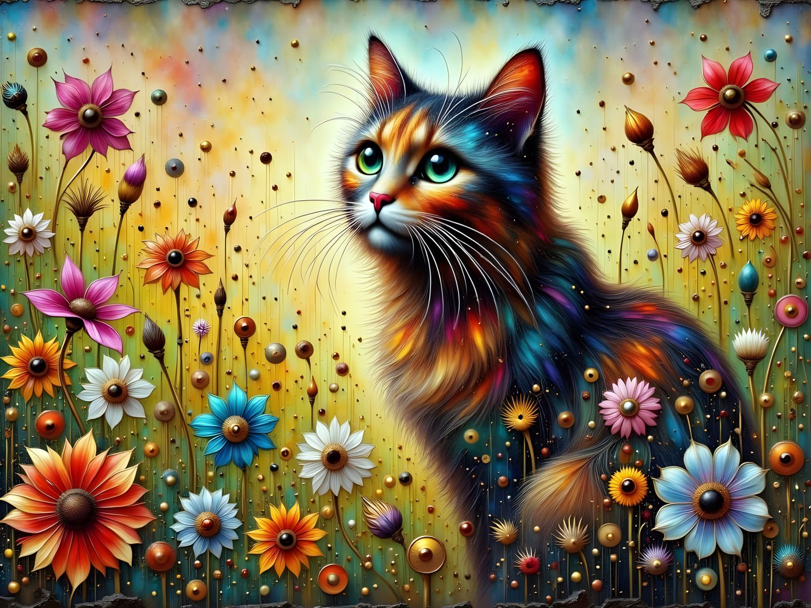 Hazel Cat - Surreal Tortoiseshell Cat in Vibrant Wildflower ...