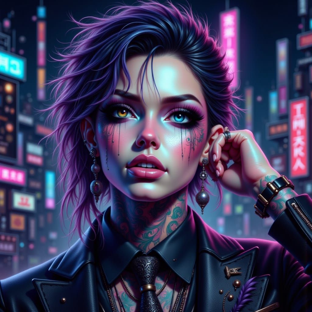 Brooding Yakuza with Bi-Color Eyes in Neon Tokyo - AI Art