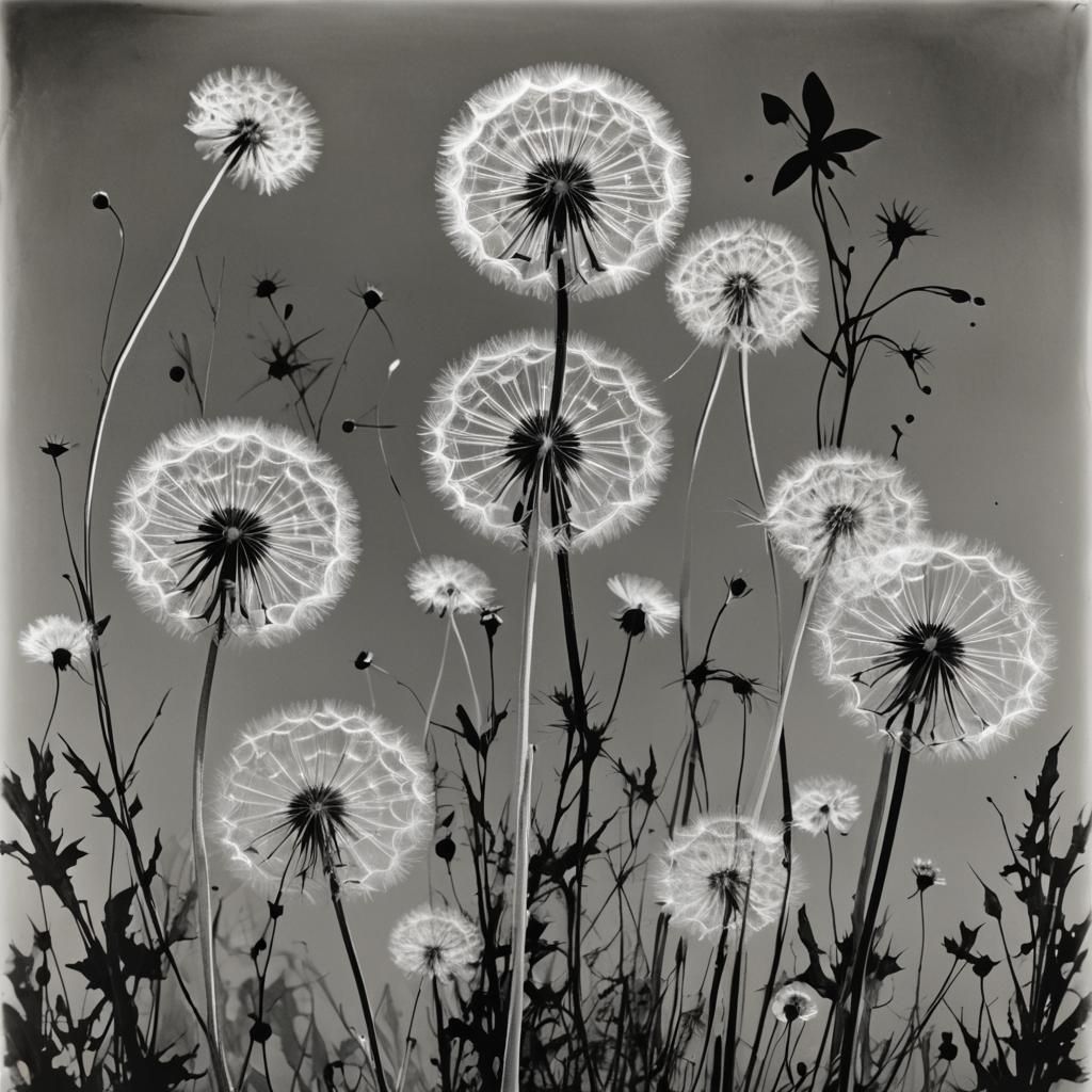 black and white photogram , rayograph, solarization, dandelions mask ...