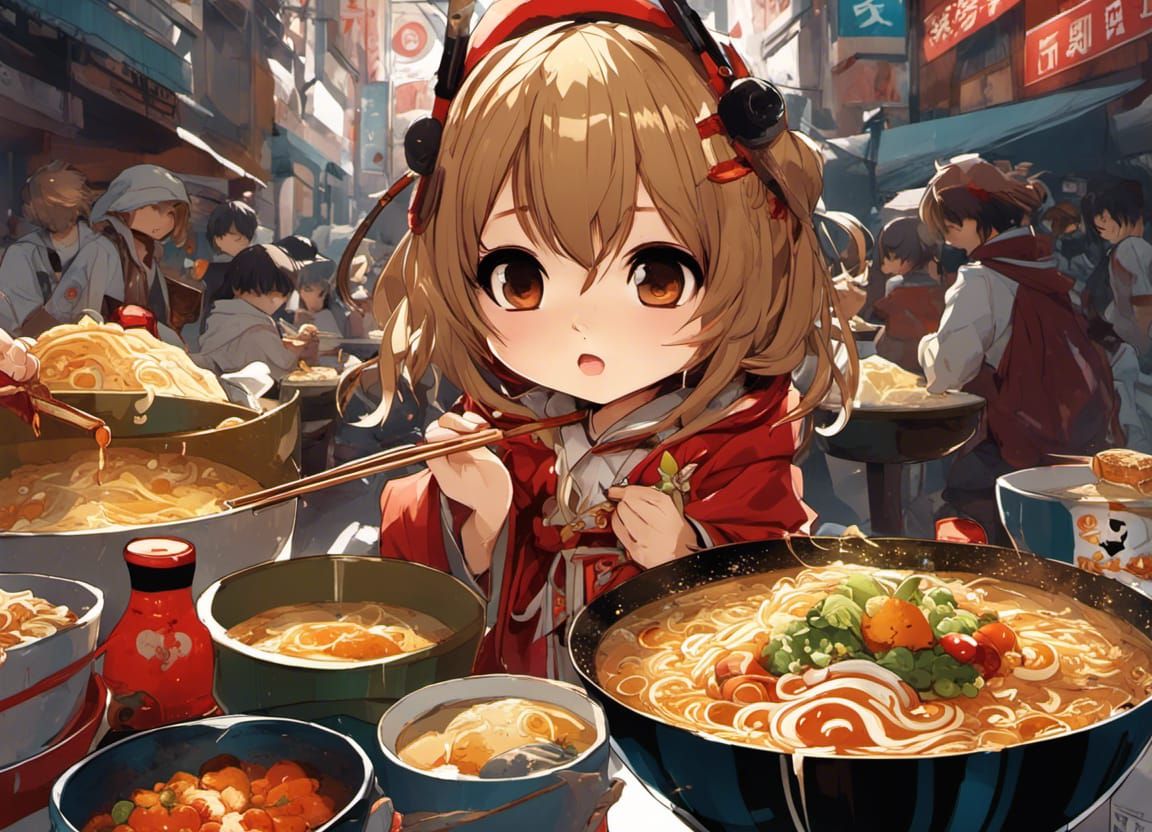 chibi style taiga aisaka anime girls eating ramen, Japanese food market ...