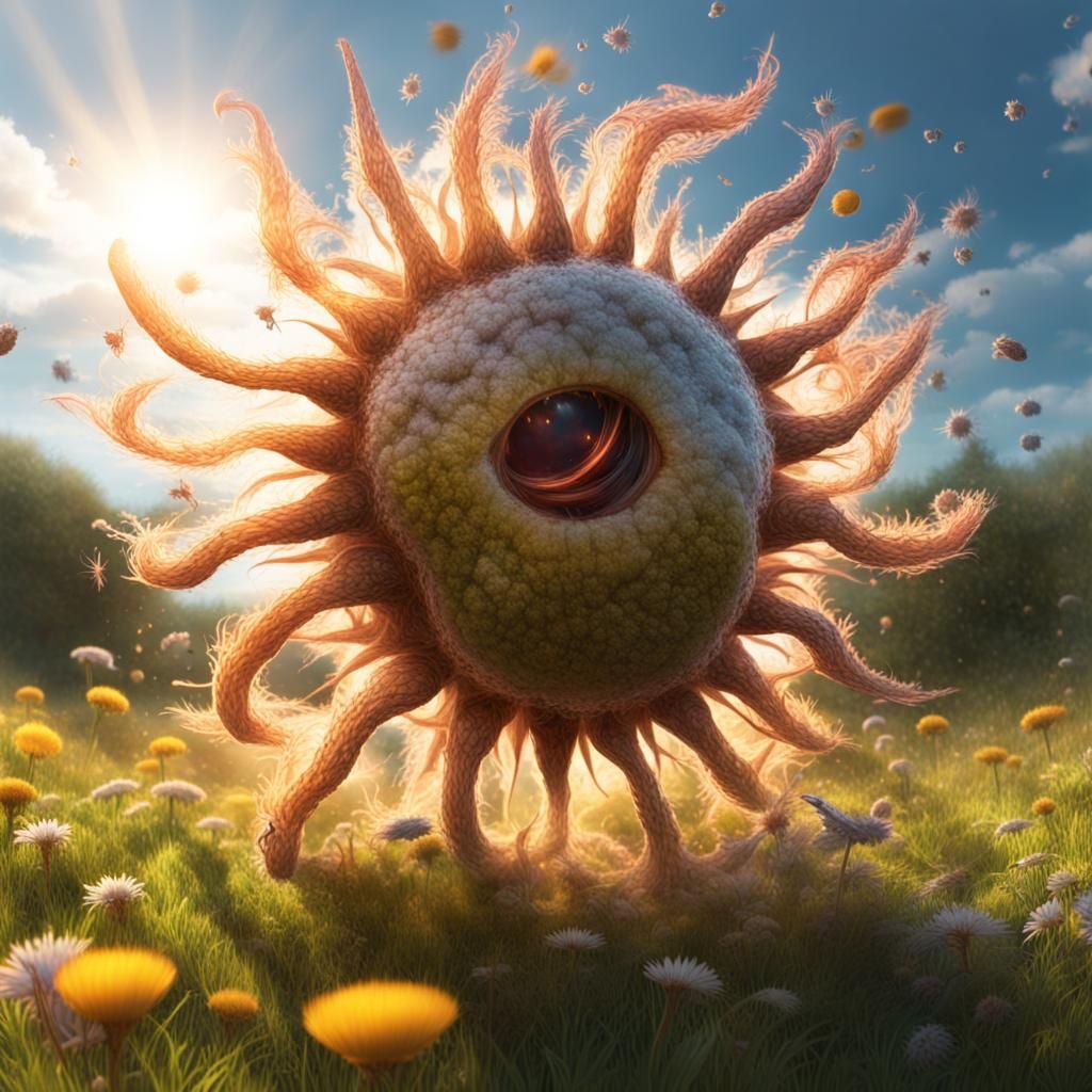 flow sun creature that is playing with bugs in a grassy flower meadow ...