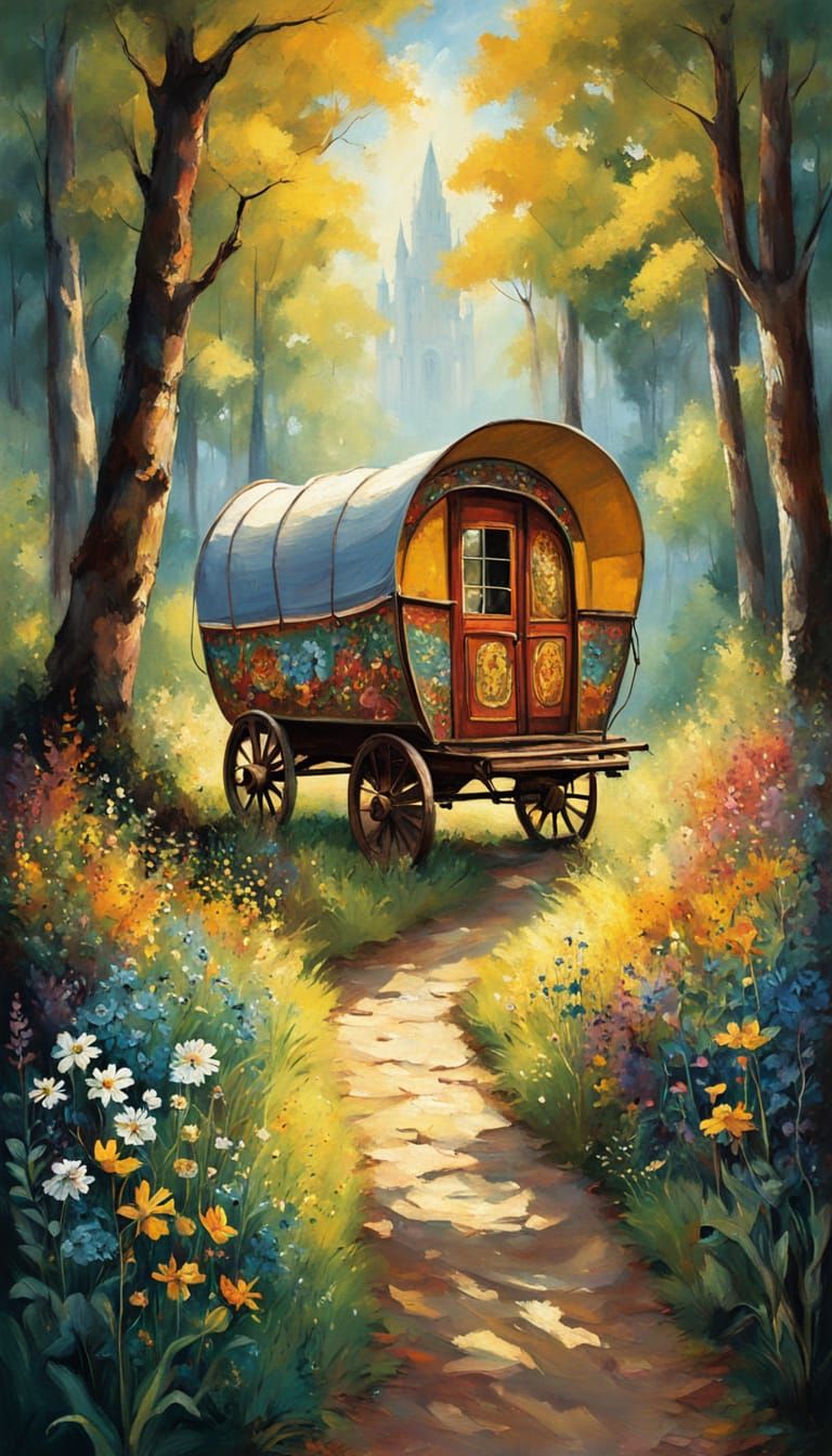 1950s fairy tale gypsy wagon . muted colors.))))) by Jean-Baptiste ...