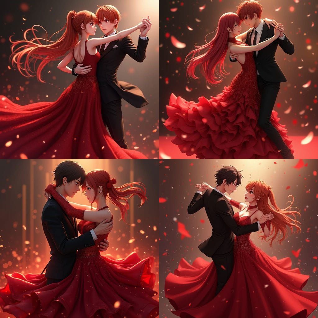 Asuna from Sword art Online. Wearing a glittering red gown, dancing with Kirito in a black suit
