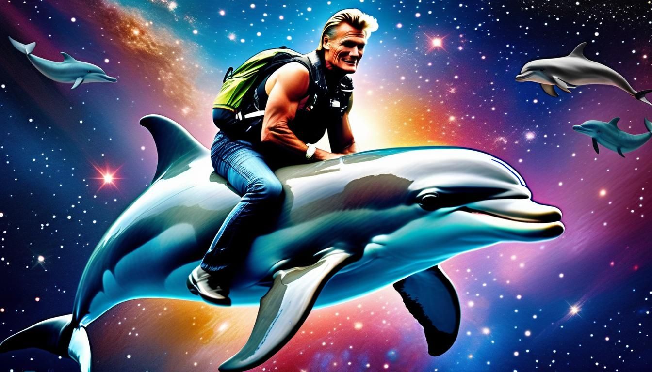 Dolph Lundgren riding a dolphin through space with stars twinkling all ...