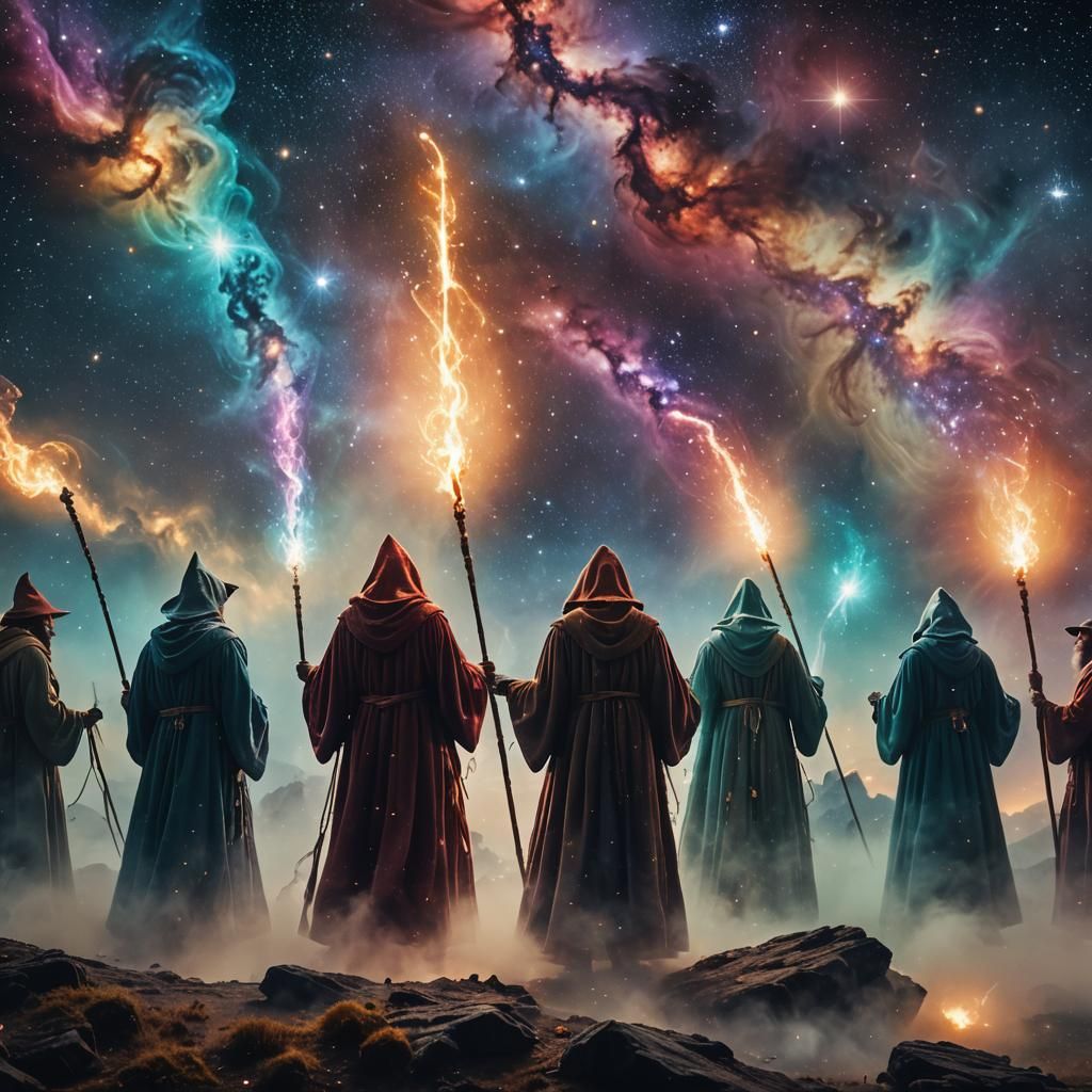 Epic Fantasy Wizards in a Glowing Celestial Realm - AI Art