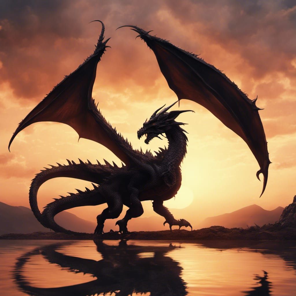 Wide shot of a dragon in front of a sunset, looking like a silhouette ...
