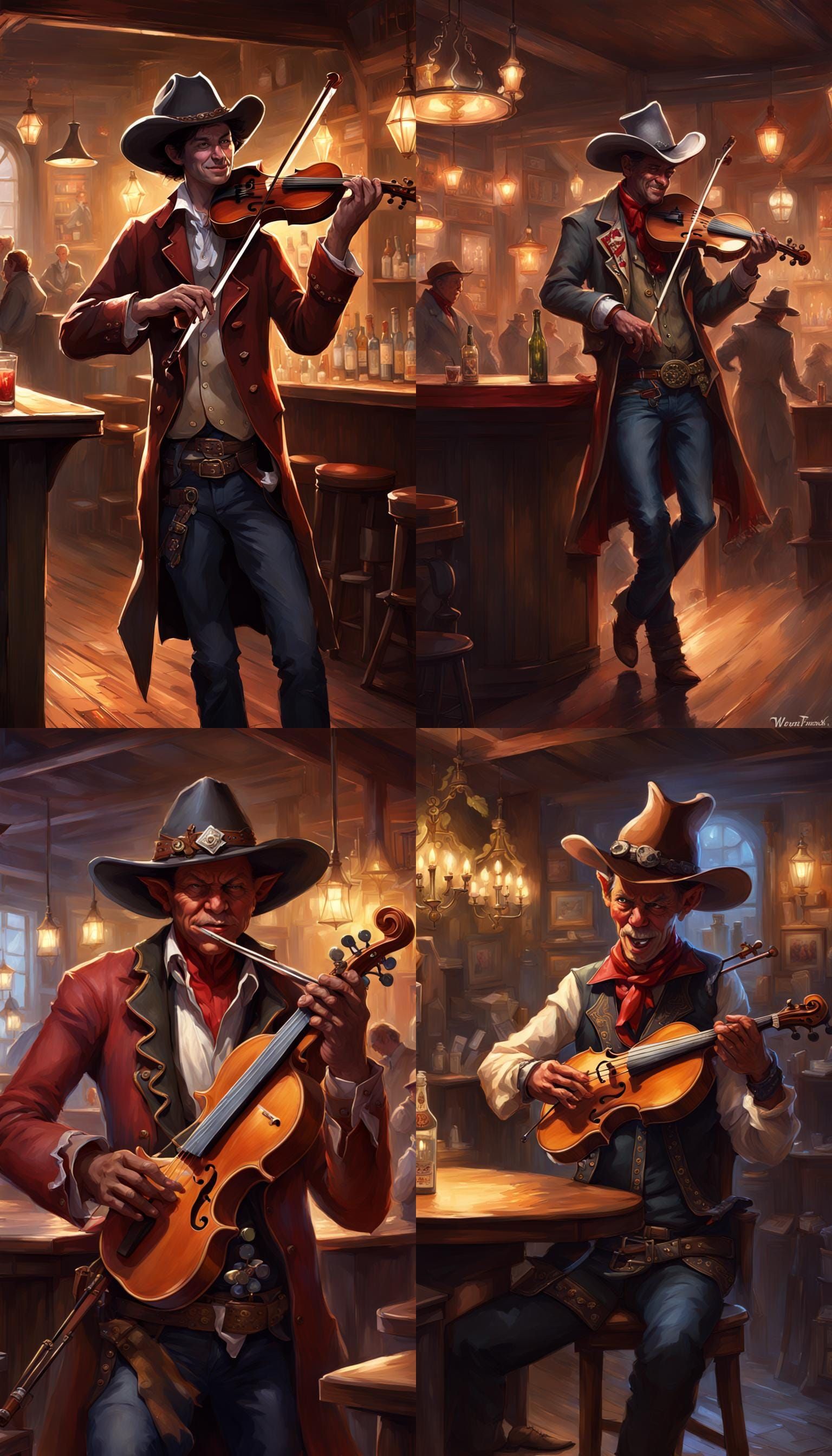 Crossroads devil, playing a fiddle, cowboy outfit in a new orleans bar ...