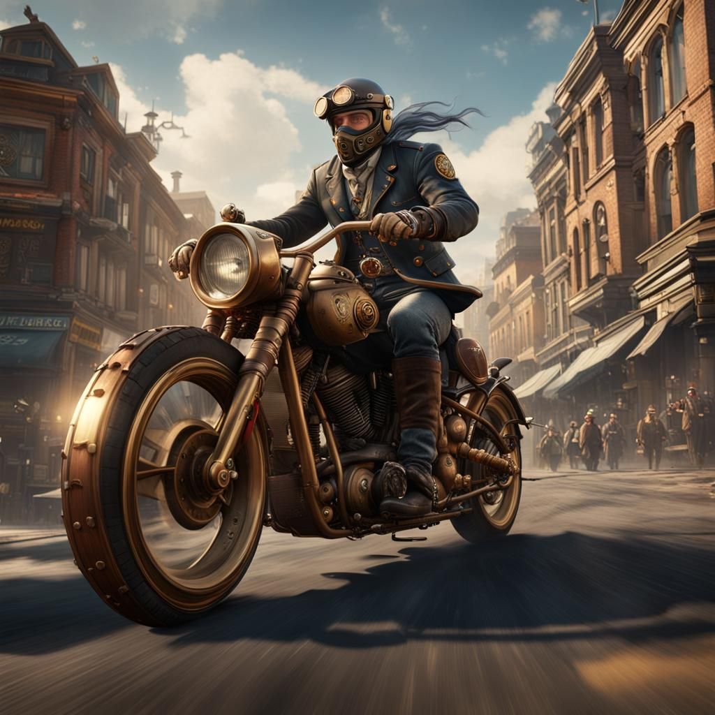 Steampunk motorcycle rider racing through town, realistic, fine ...