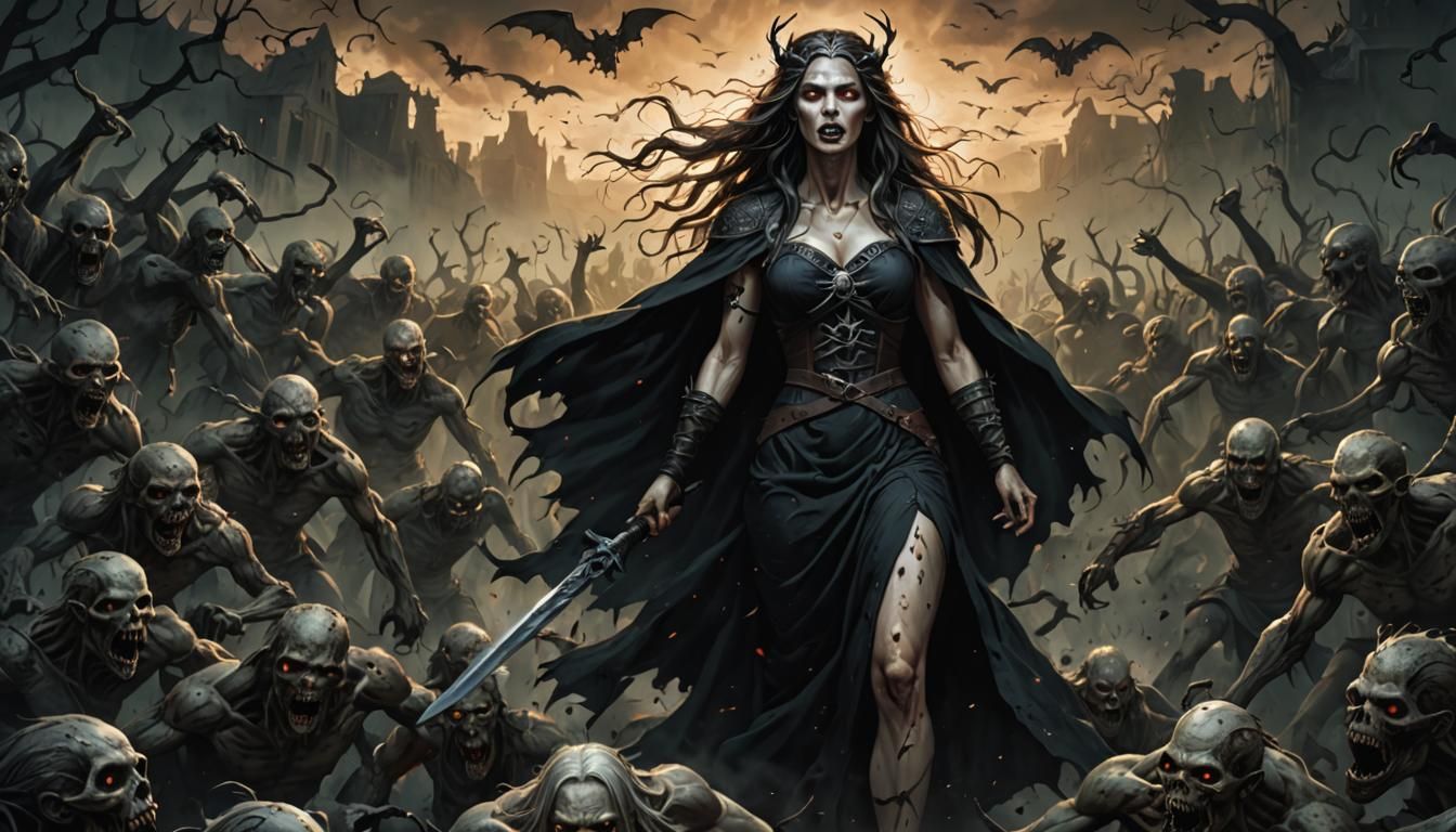 Norse myth goddess Hel, raising a horde of zombies from the ground ...