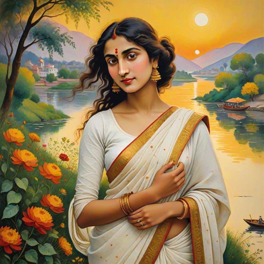 At the border of the Ganges - A Serene Indian Goddess in Gen...