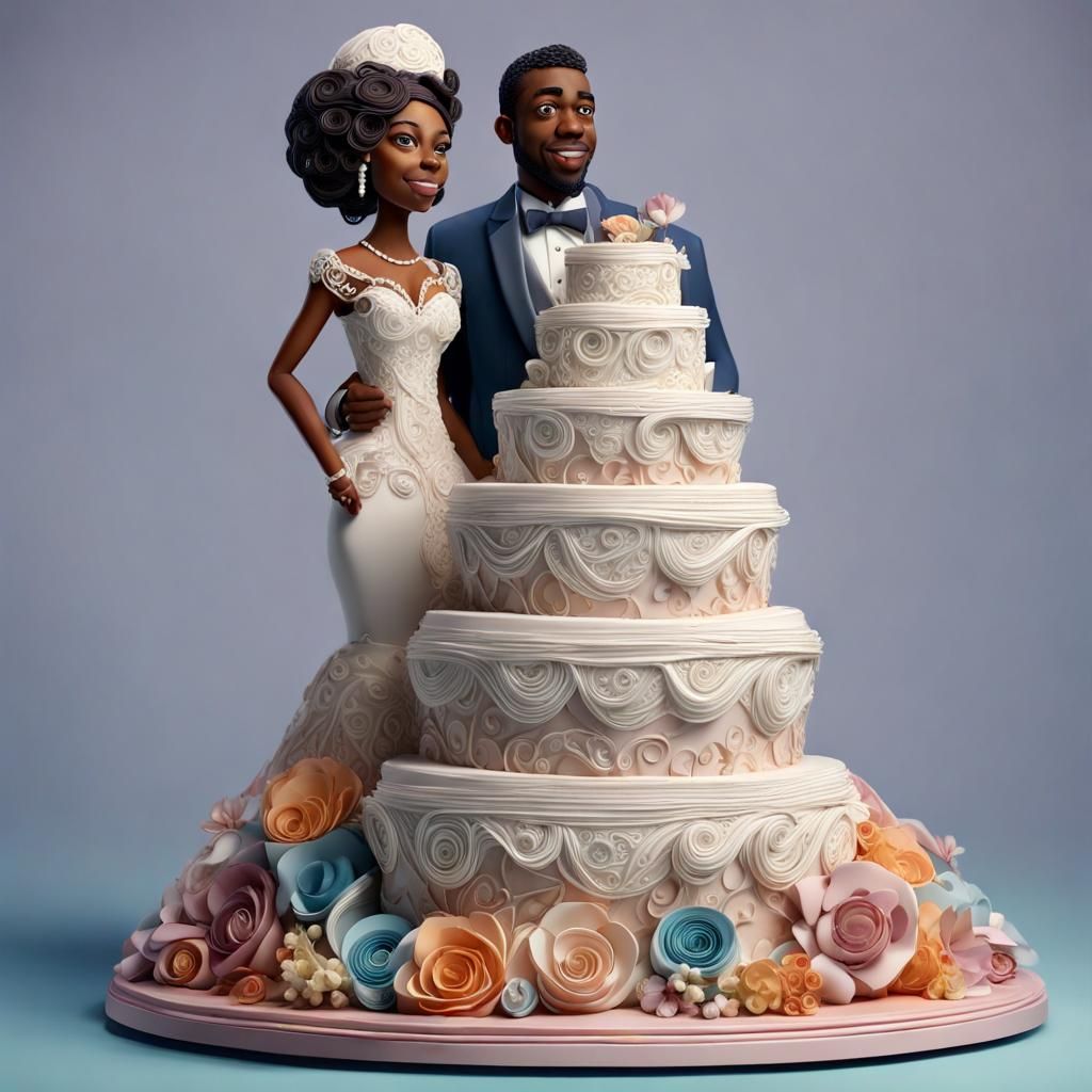 portrait of an extravagant wedding cake:: small African American bride ...