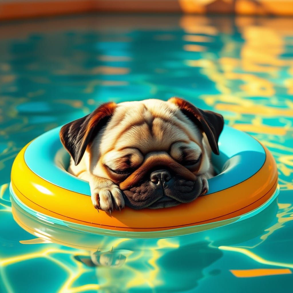 Surreal Pug on Turquoise Pool Float in Whimsical F... - AI Art