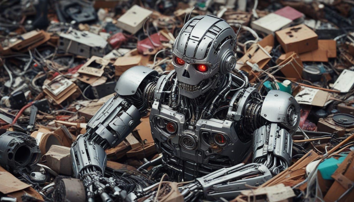 sad scratched and dented cyborg punk rocker robot ... - AI Art