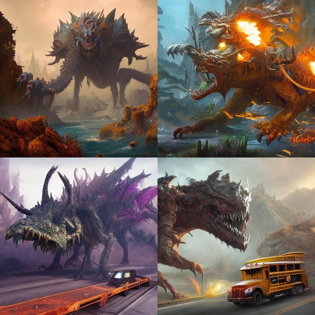 Weird angry creature driving a school bus with screaming students - AI ...