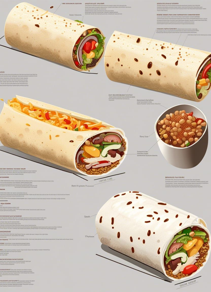 Burrito cross-section, exploded view, color infographic technical ...
