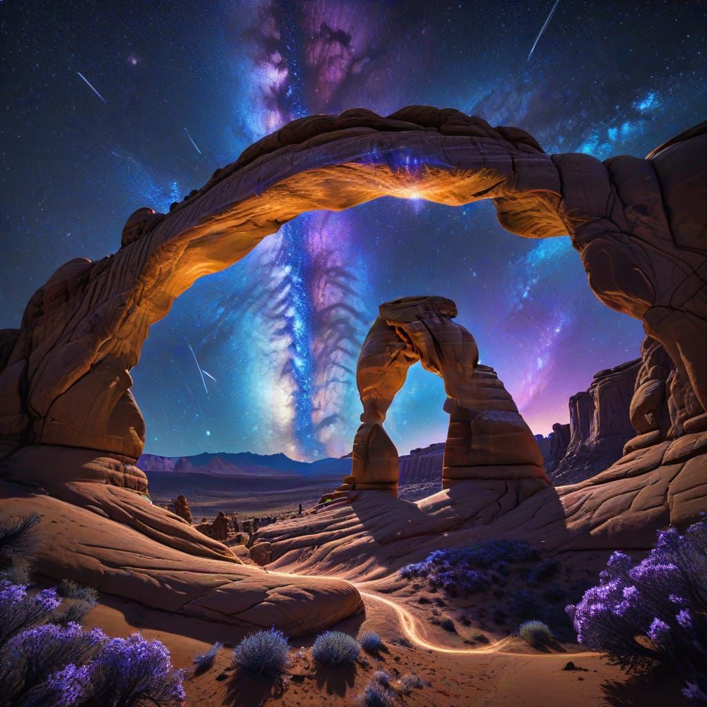 Arches National Park at Night: Cosmic Illustration - AI Art