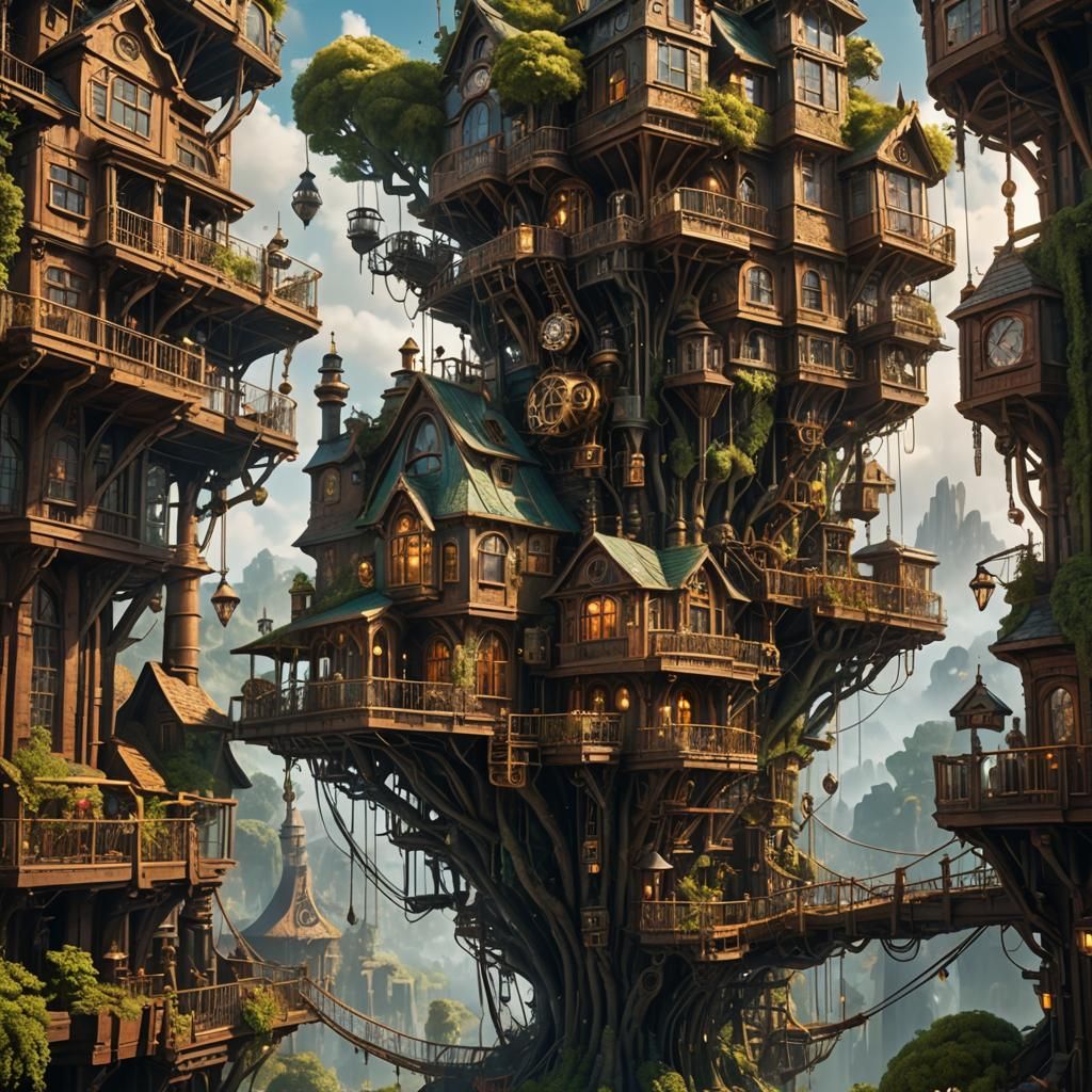 Steampunk Treehouse Village 2 - AI Generated Artwork - NightCafe Creator