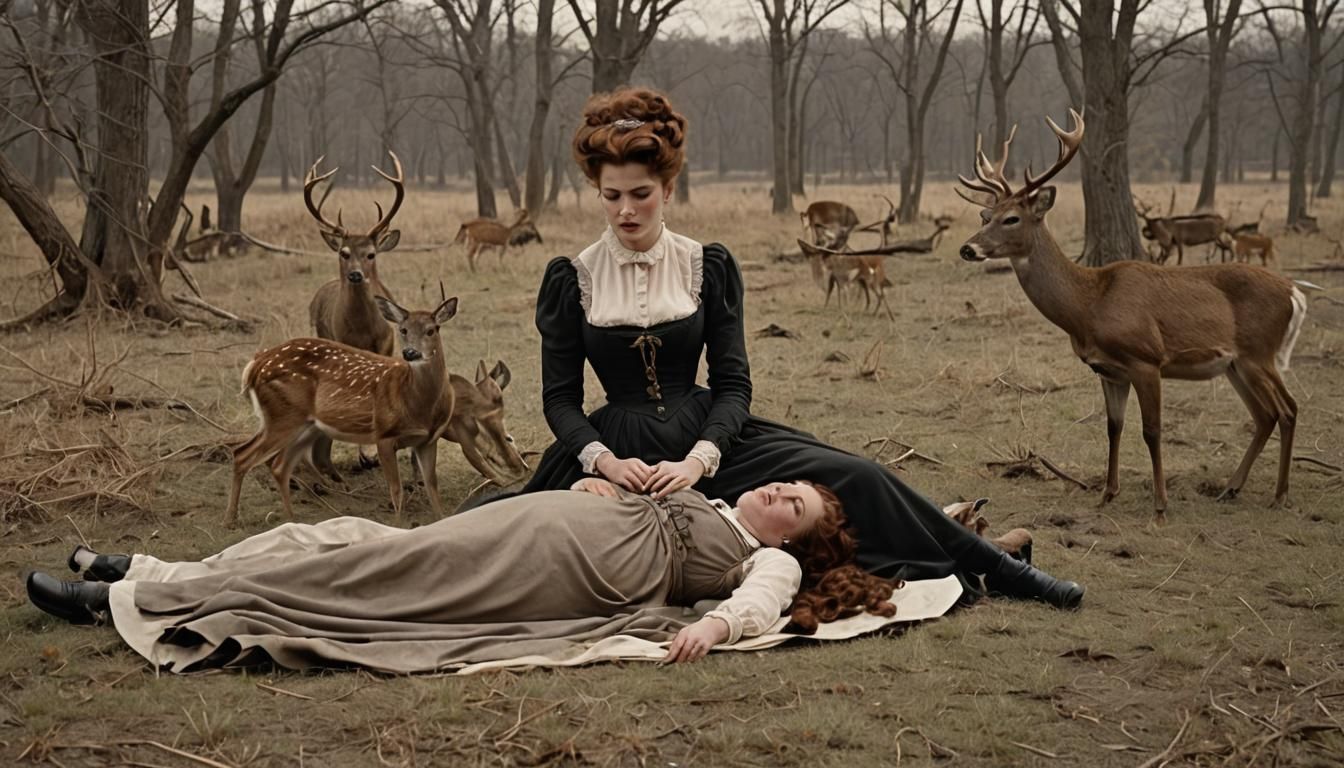 Gibson girl giving birth in a field surrounded by deer, steampunk ...