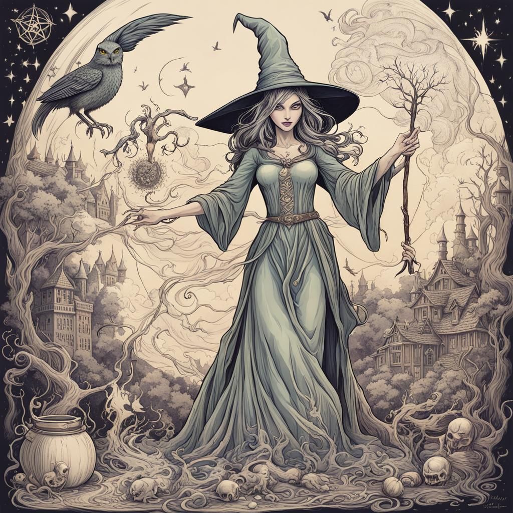 Beautiful witch casting a spell and creating the world. Fantasy. - AI ...