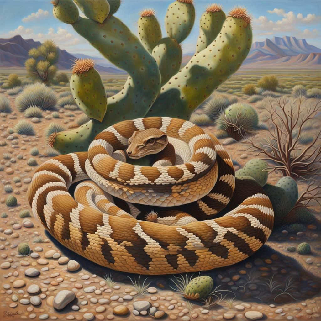 prairie-rattlesnake coiled prickly-pear cactus sagebrush hyperrealism ...