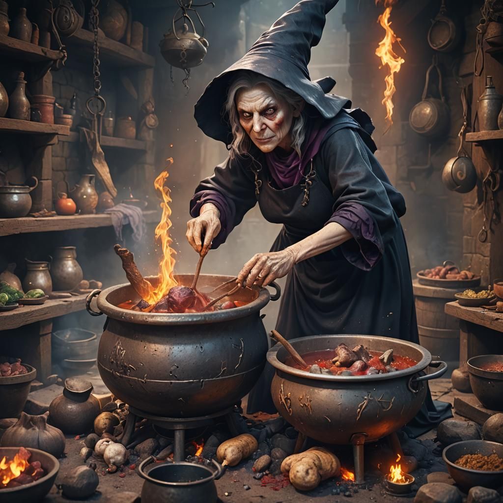 Ugly witch cooking Human body parts in a caldron - AI Generated Artwork ...