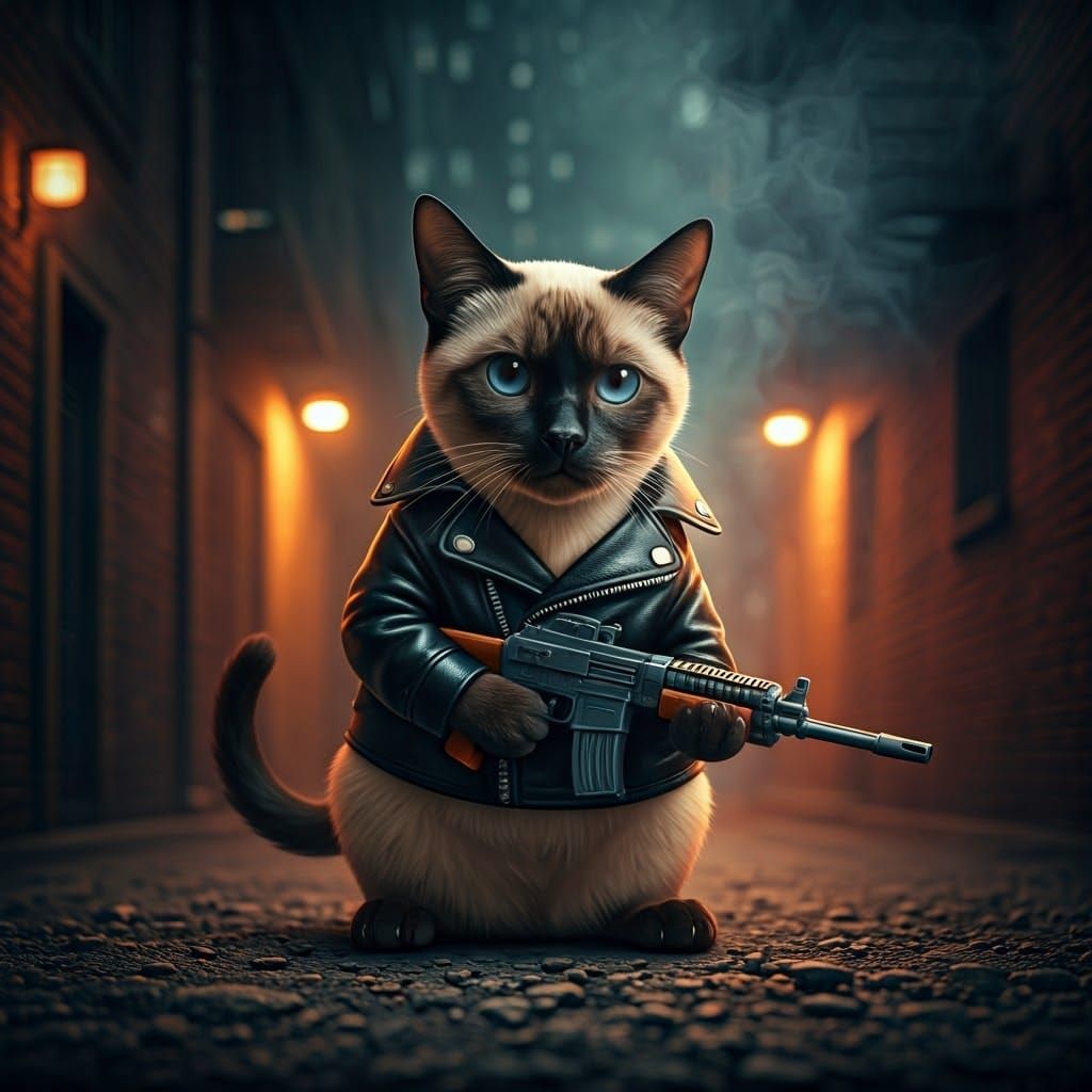 Siamese cat with a machine gun - Heroic Siamese Cat Grasping...