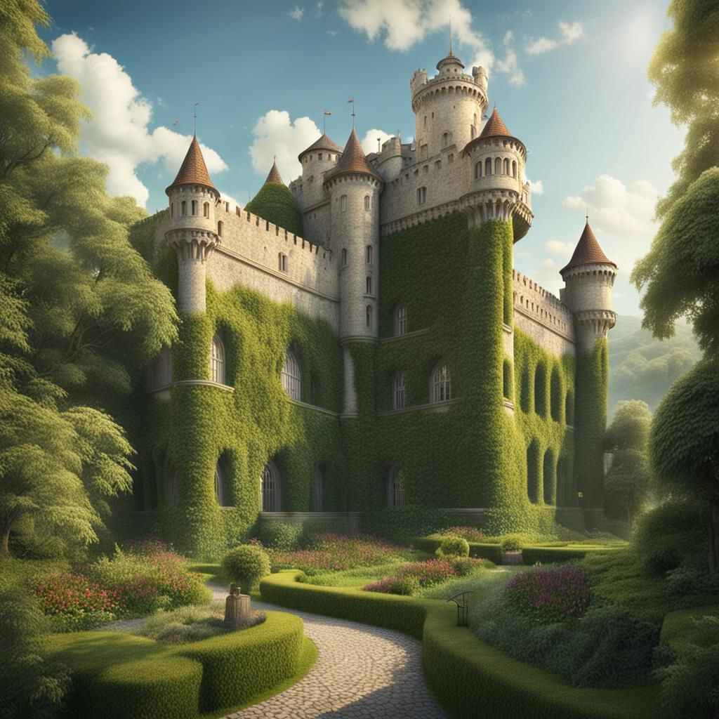 An ancient luxurious castle with an overgrown garden - AI Generated ...