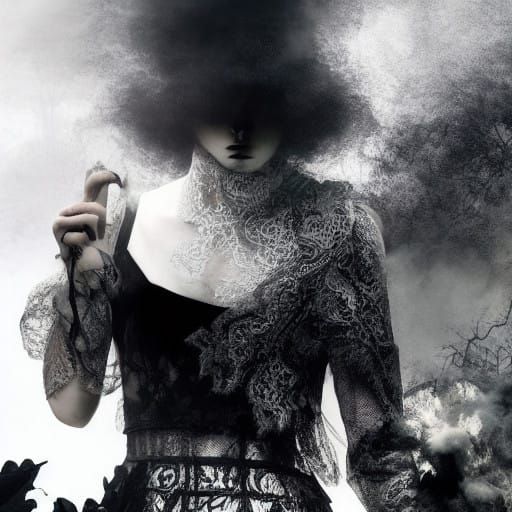 Mysterious Gothic Fashion Model in a Dreamlike Ash... - AI Art