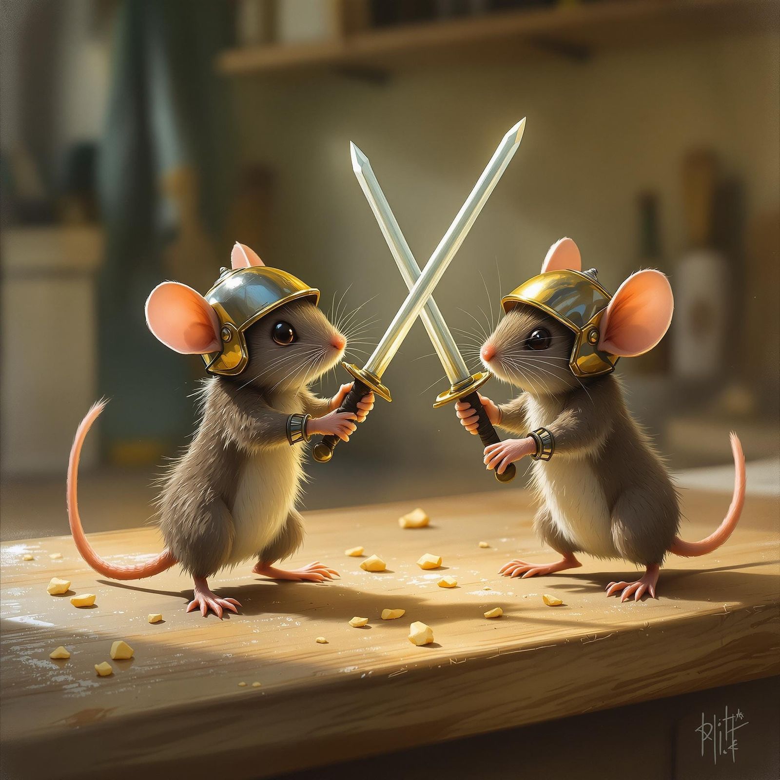 Mouse Duel - Whimsical Mice Duel in Cozy Kitchen Counter Set...