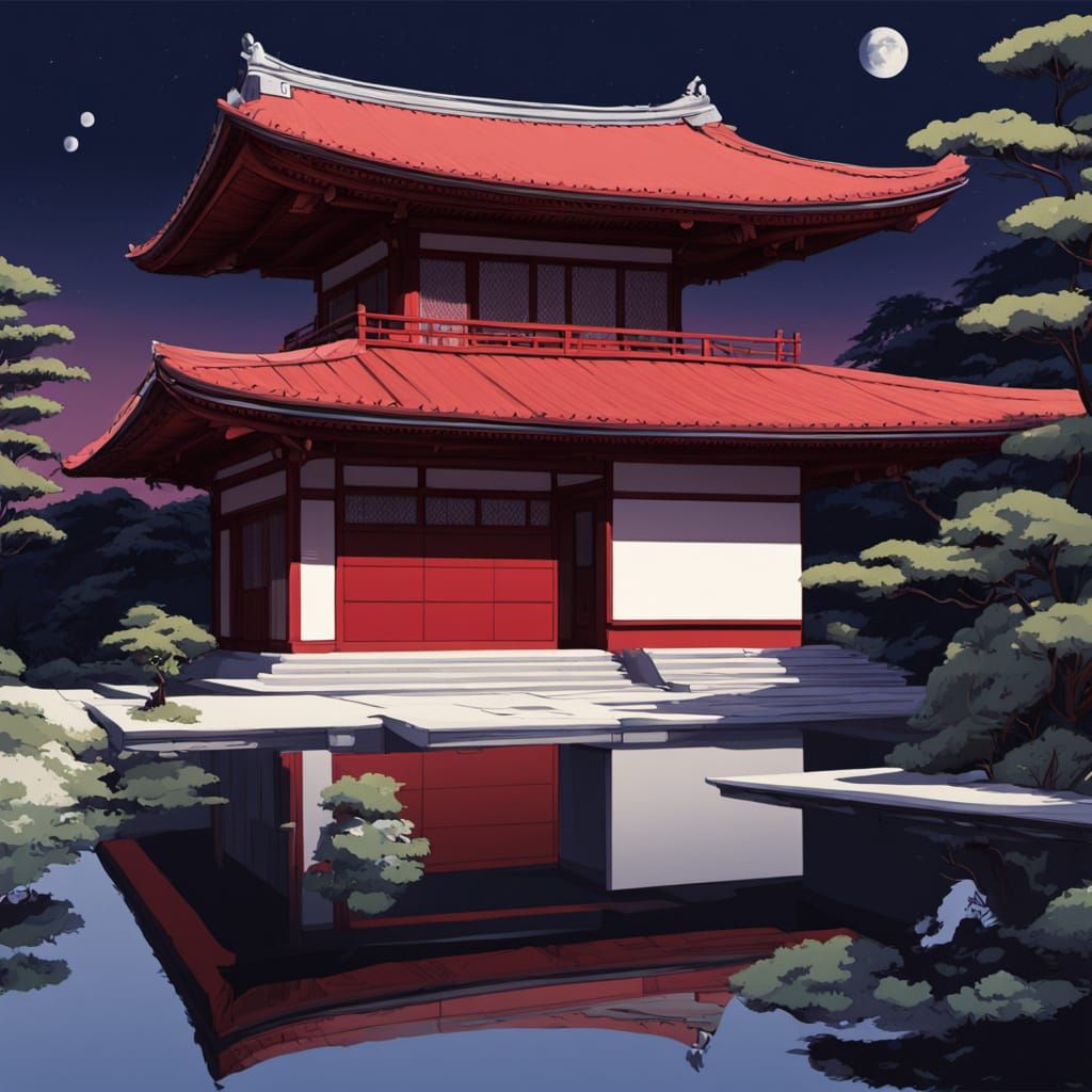 Red Japanese House - Red Japanese Futurism in Lunar Landscap...