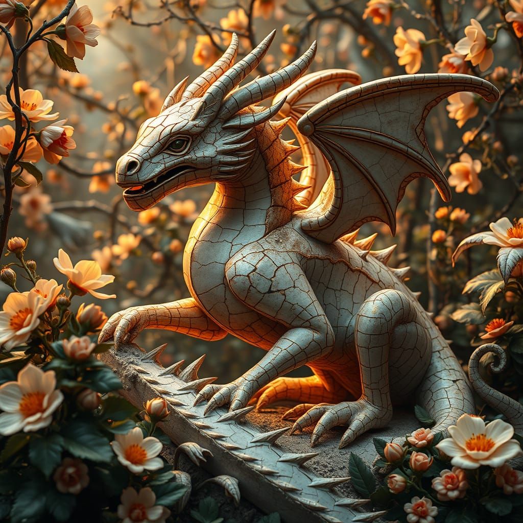 Golden Mythical Creature Awakens in Baroque Garden - AI Art