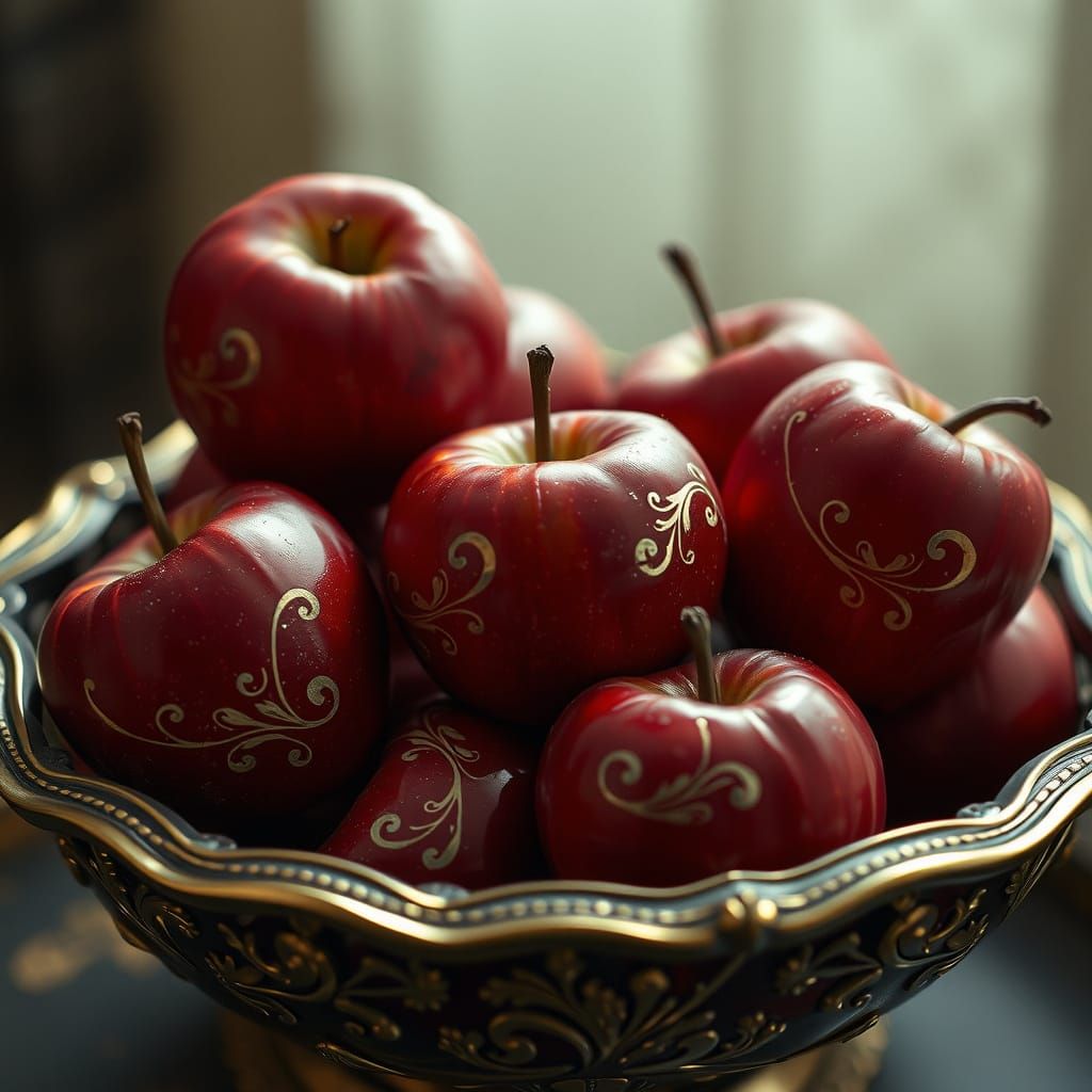 ripe deep red apples with intricate silver and gold inlay designs in an ...