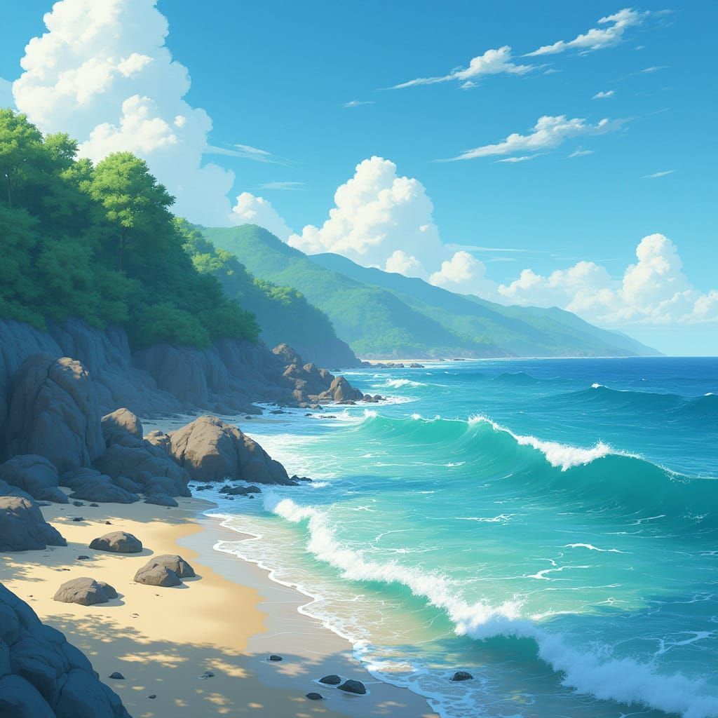 Ocean front - Whimsical Oceanfront in Dreamy Anime Style
