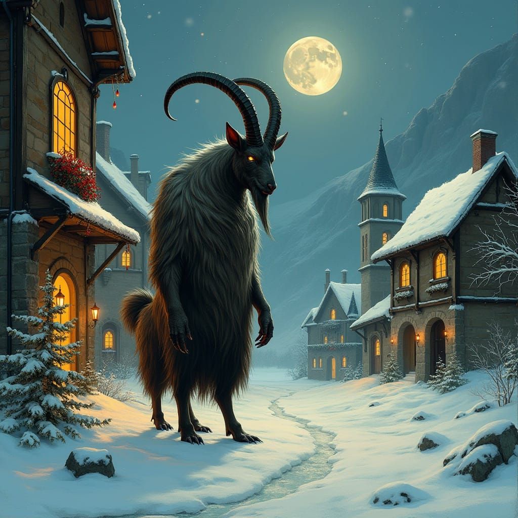 krampus - Cryptic Goat Demon Stands Vigilant in Snowy Alpine...