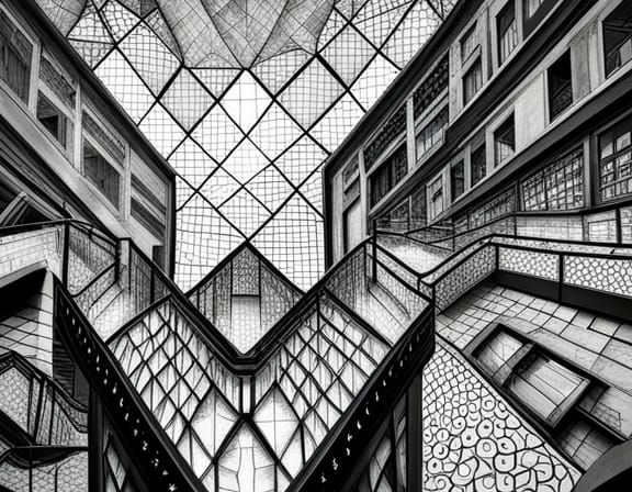 M. C. Escher and klimt Colorful Abstract geometric black and white stipple cross hatch shades of ...