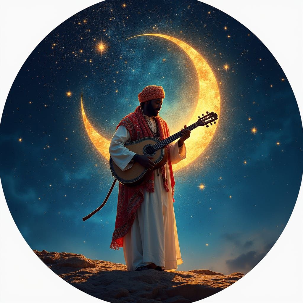 Majestic Gnawa Musician Under Starry Night Sky in ... - AI Art