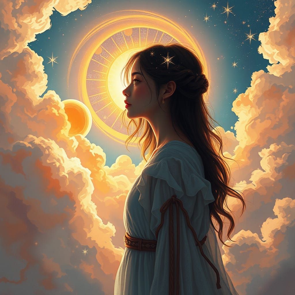 Majestic Girl Illuminated by Celestial Eclipse - AI Art
