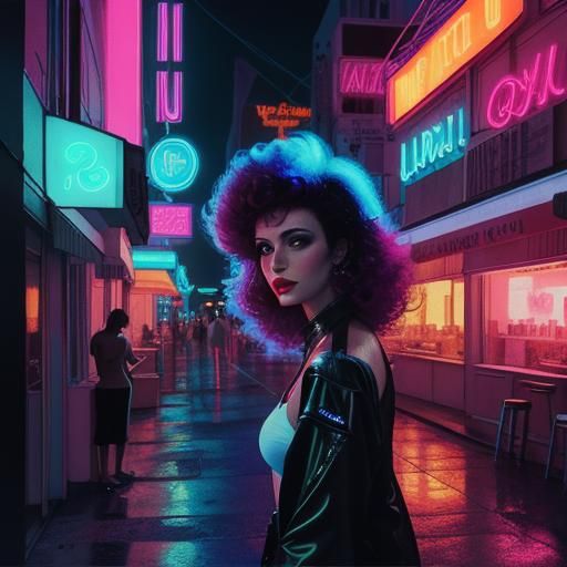 airbrush illustration movie Perm hair girl with neon lights , miami ...
