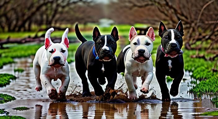 A group of cute American Bull Terrier puppy's running through a swamp ...