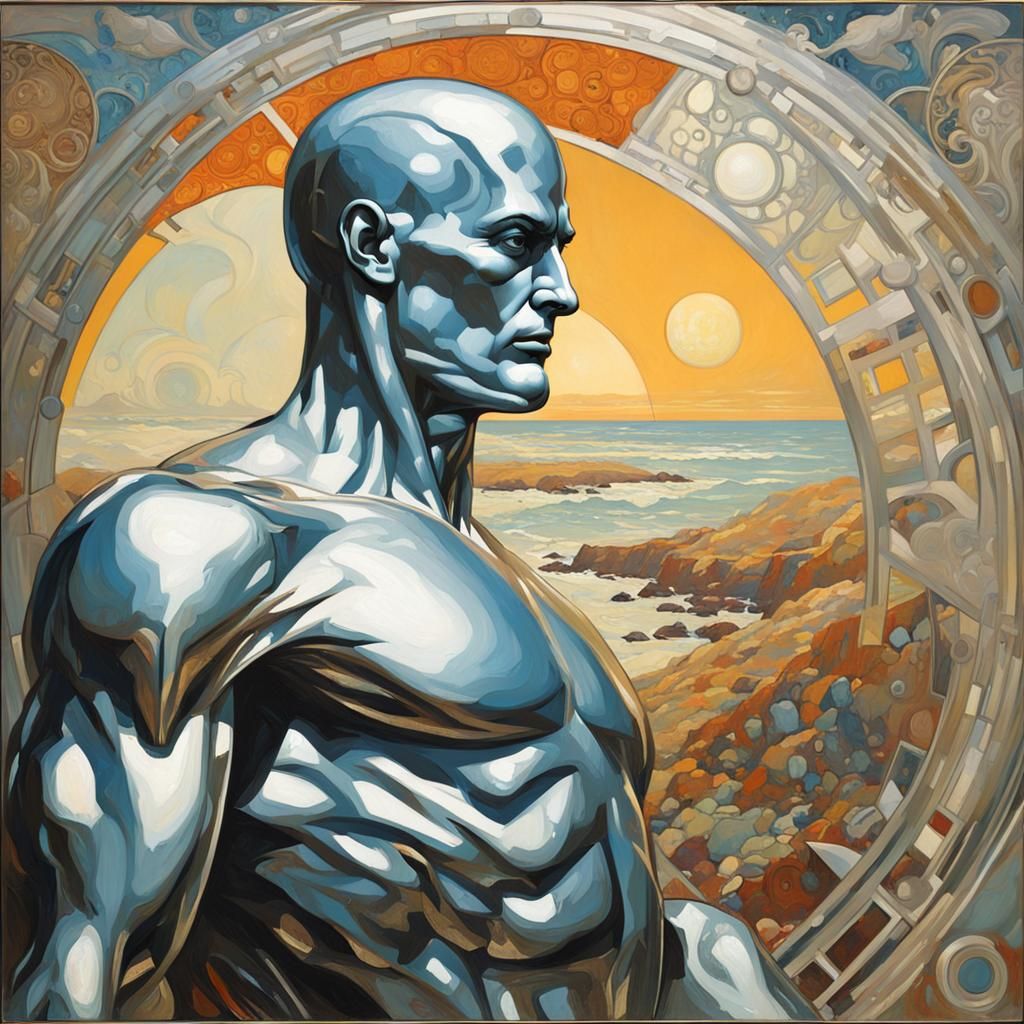 Silver Surfer head and torso in a modernist Alphonse Mucha painting ...