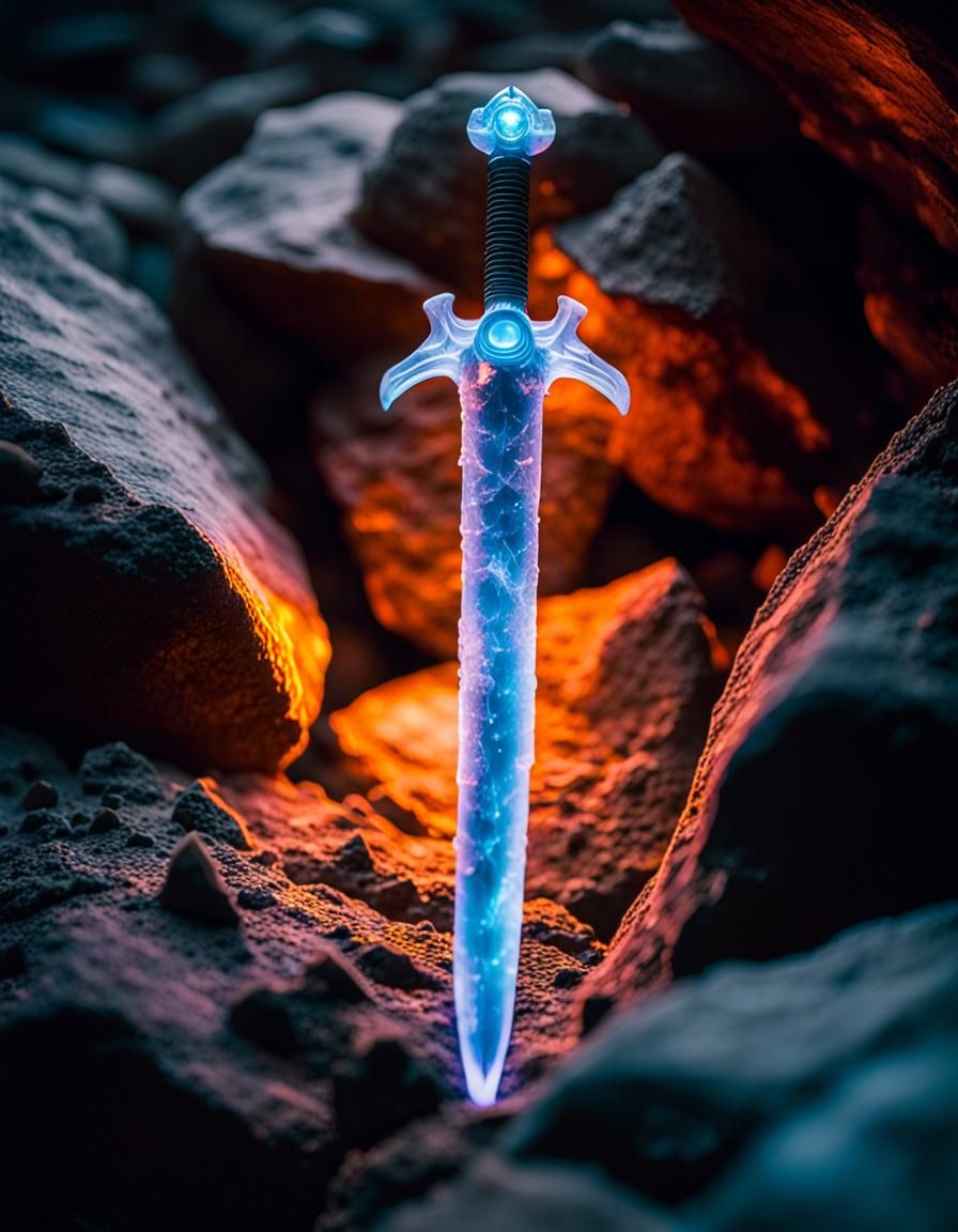 Macro shot of electric plasma translucent Sword, Stuck in rock, Glowing ...